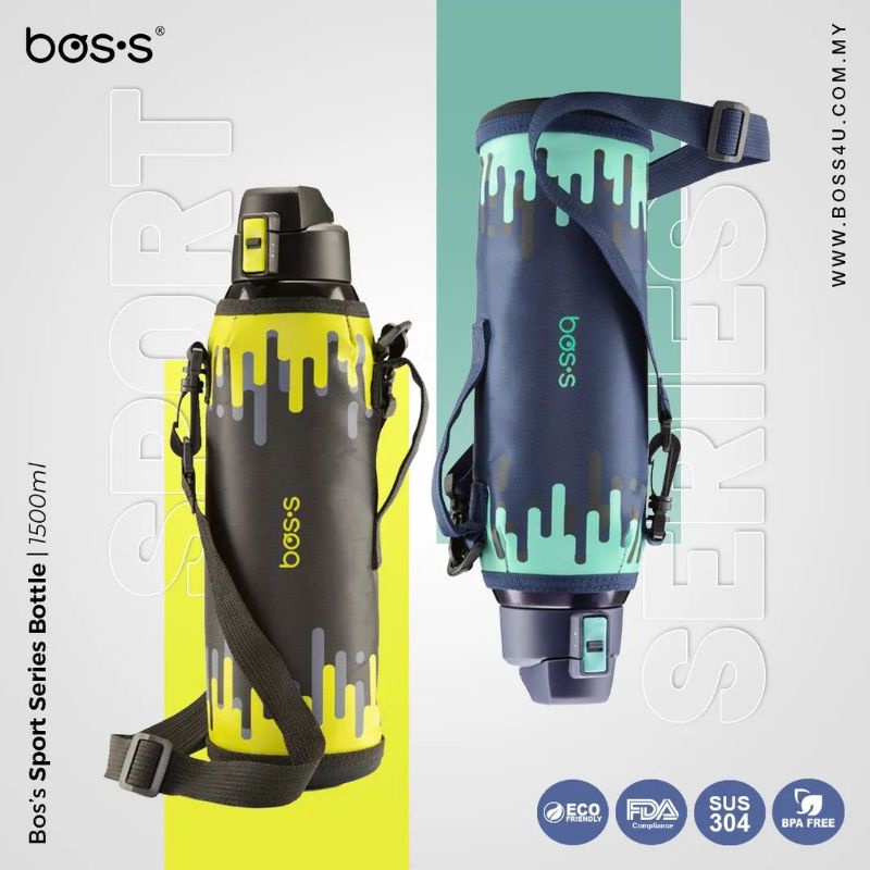 BOS'S BOTOL SUKAN KELULI TAHAN KARAT 1000ML/1500ML DENGAN KANTUNG / BOTOL AIR / BOTOL TERMOS ...