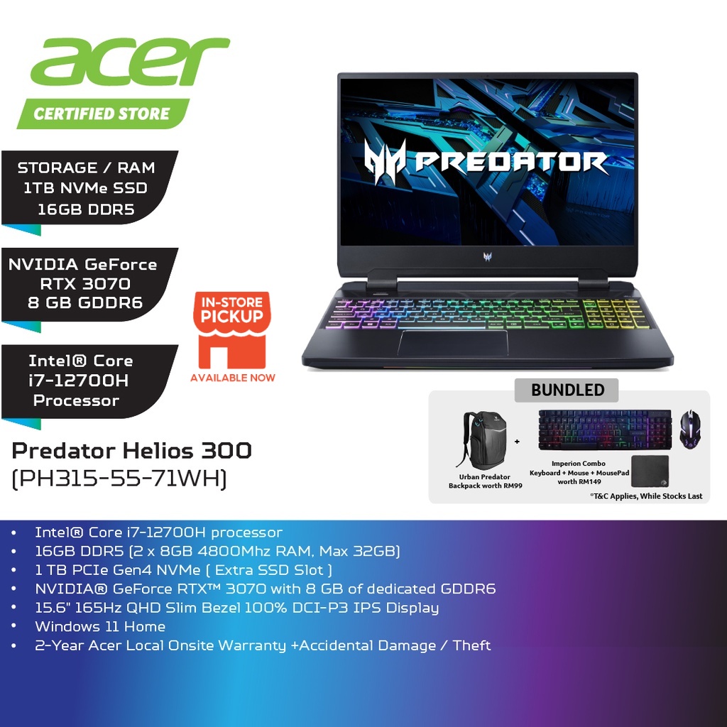 Acer Predator Helios 300 PH315-55-71WH 15.6" QHD 165Hz Gaming Laptop ...