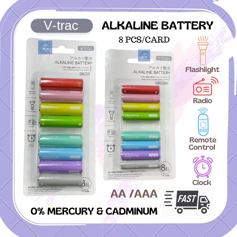 (8 PCS PACK) V-TRAC RAINBOW COLOUR BATTERY AA / AAA 1.5V ALKALINE ...