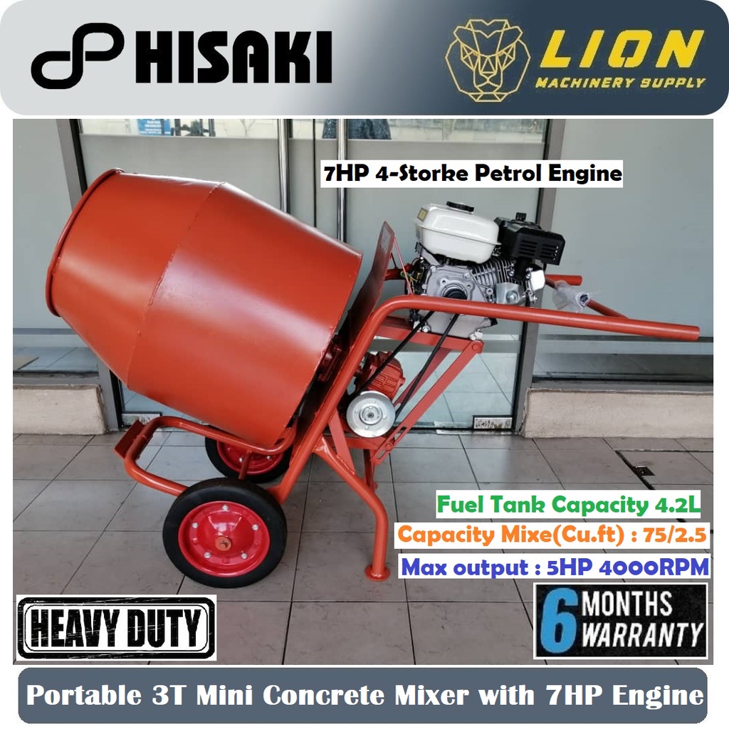 HISAKI/TOKU Portable 3T Mini Concrete Mixer With 7.0HP Petrol Engine ...
