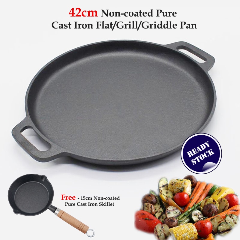 42cm Non-coated, Pure Cast Iron Flat Pan / Griddle - Free 15cm Non ...
