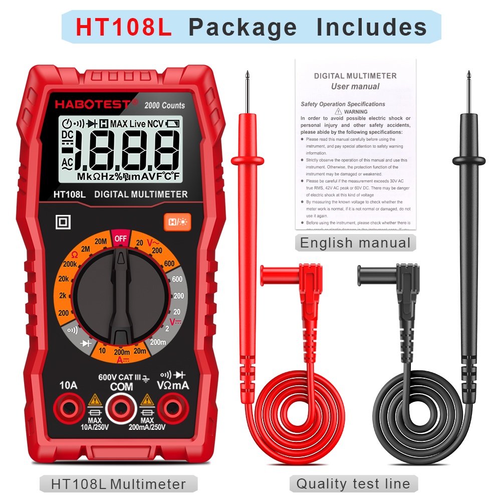HABOTEST HT113/HT108L Digital Multimeter 600V AC/DC True-RMS Autorange ...