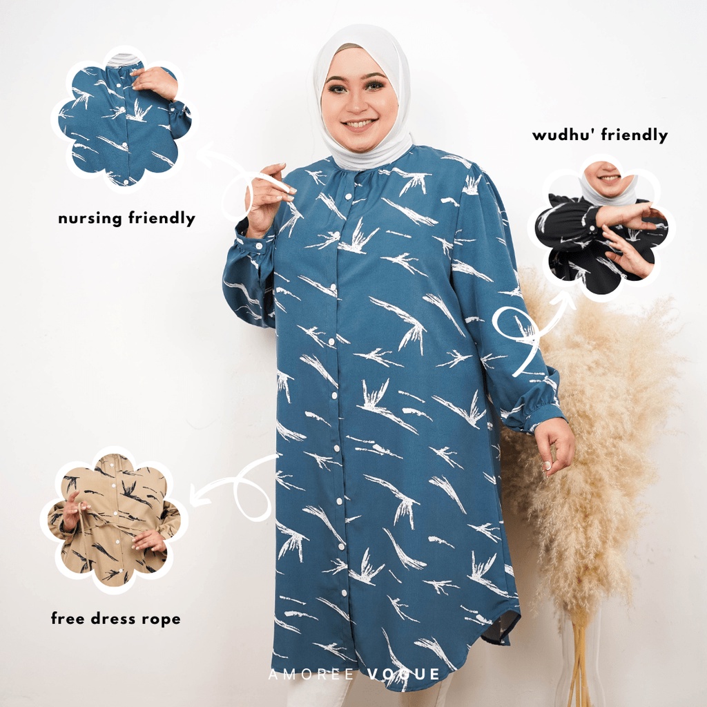 Plus Size (2XL-4XL) Full Button Abstract Printed Long Blouse Muslimah ...