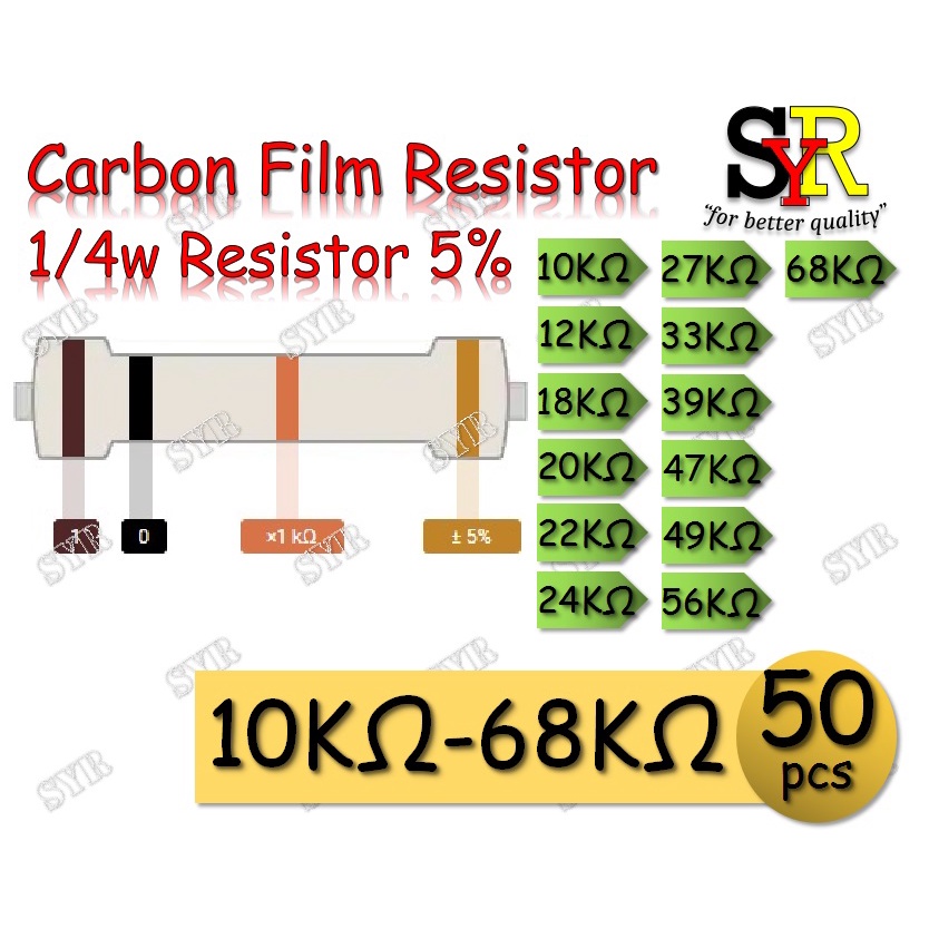 10K ohm~68K ohm 10 Pcs / 50 Pcs Carbon Film Resistor Perintang 1/4Watt ...