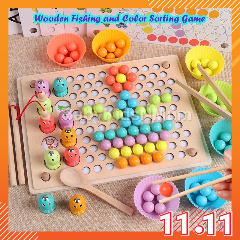 Wooden Multi Gameplay Fishing Toys Memory Game Bead Matching Game Using ...