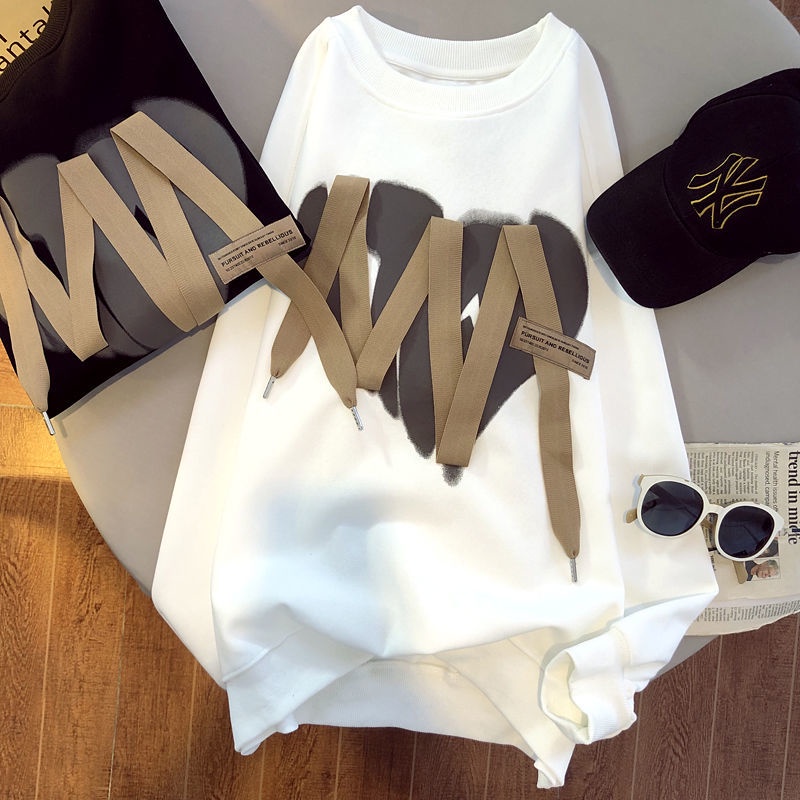 【M-5XL 40-150KG】设计感飘带爱心卫衣女2022新款大码胖mm300斤宽松百搭长袖上衣服plus size extra large size oversize fat big ...