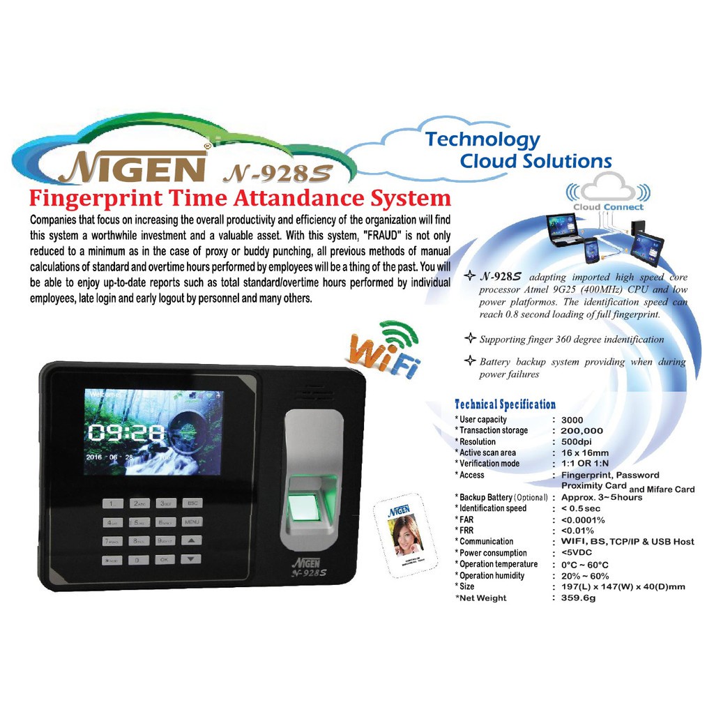 Nigen N-928S Fingerprint Time Attendance Recorder C/W Backup Battery ...