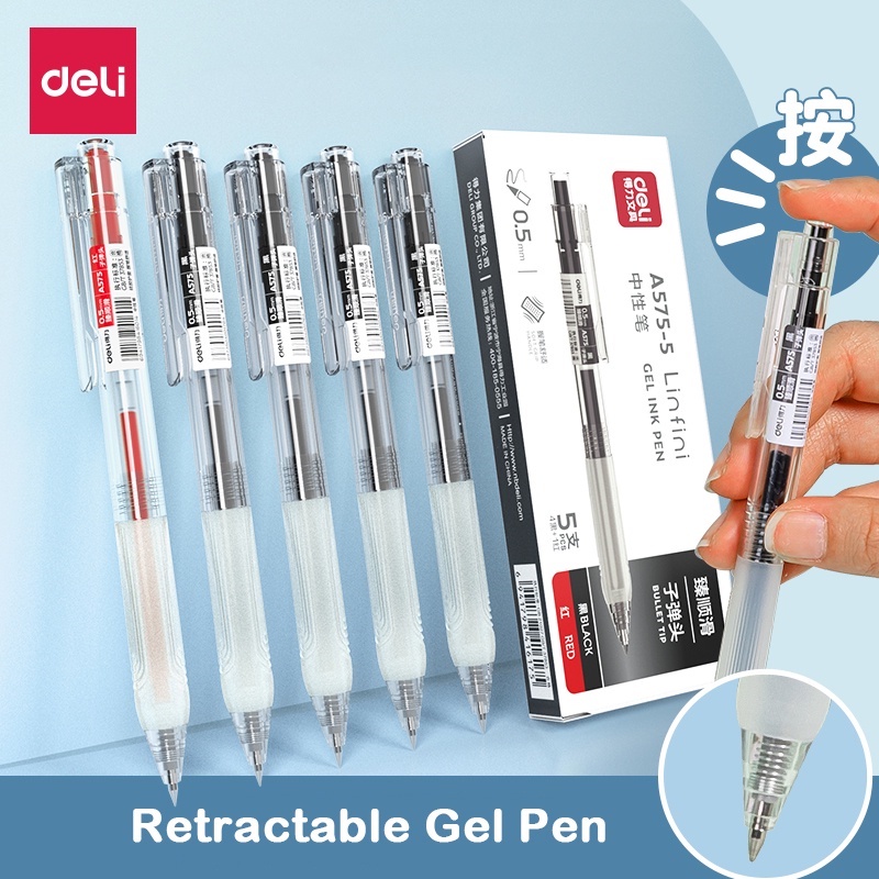 Deli Retractable Gel Pen 0.5mm Black Ink Bullet Tip Gel Pen Office ...