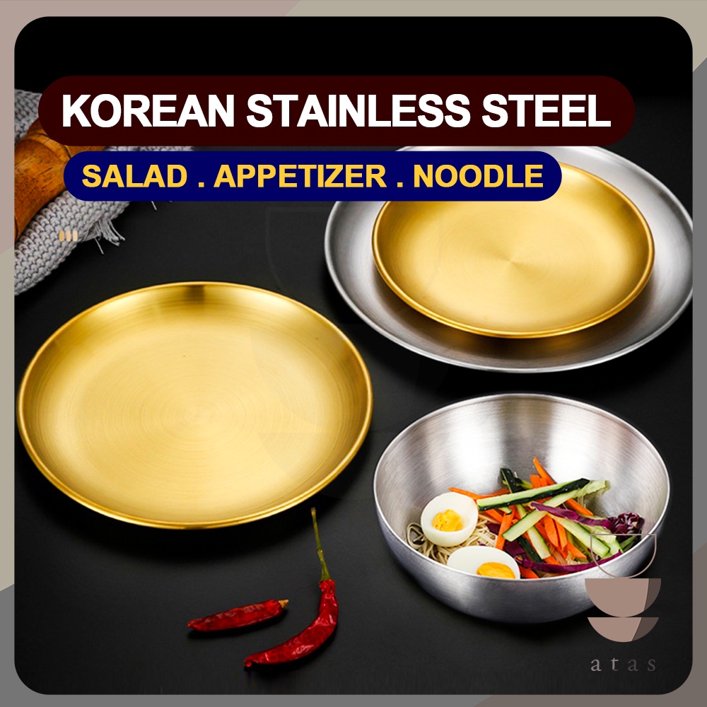 KOREAN ATAS Stainless Steel Dining Round Plate Golden Silver Dinner ...