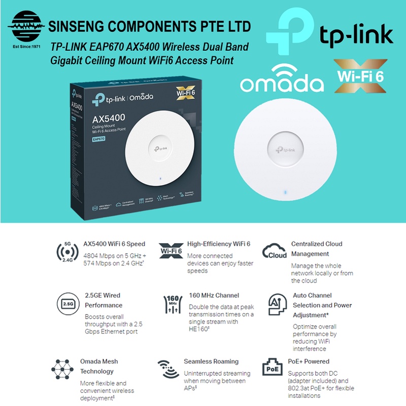 TP-Link EAP670 AX5400 Wireless Dual Band Gigabit Ceiling Mount WiFi 6 ...