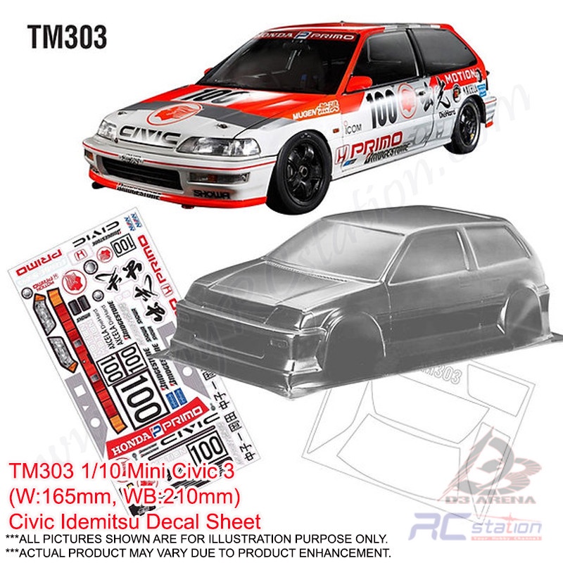 Team C M-Chassis Clear Body Shell TM303 1/10 Mini Civic 3 (Width 165mm ...