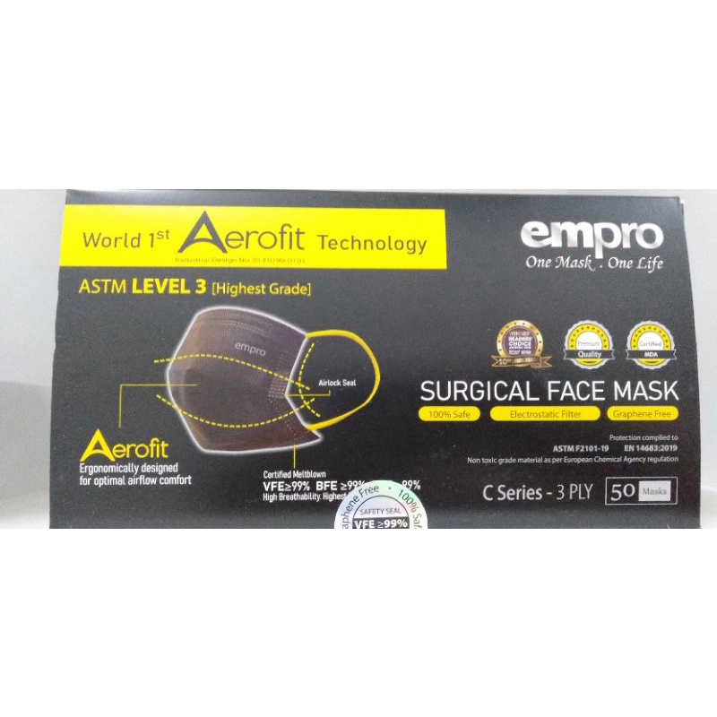 Empro Aerofit Tech ASTM Level 3 Black 3ply Face Mask with beauty New ...