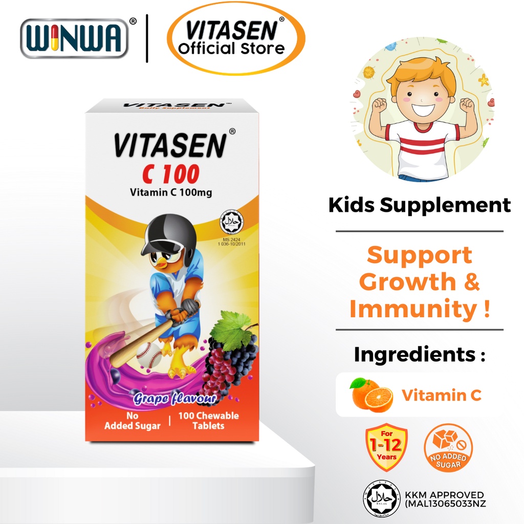 VITASEN Vitamin C 100mg Chewable Tablet (Grape) (100's) - For Kids ...