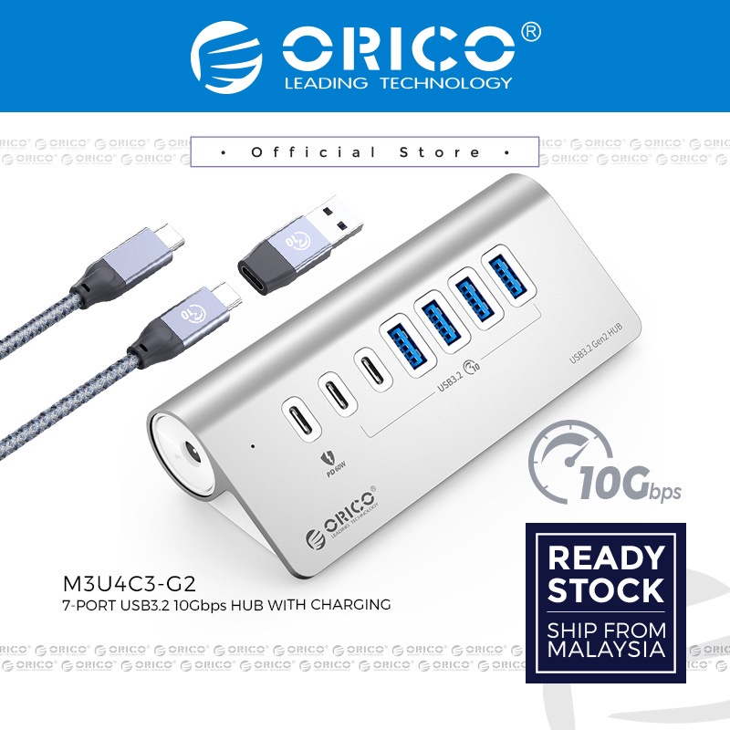 ORICO M3U4C3-G2 7 Port USB3.2 10Gbps Hub with 4 x USB A, 2 x USB C and 1 Type C PD60W Charging ...