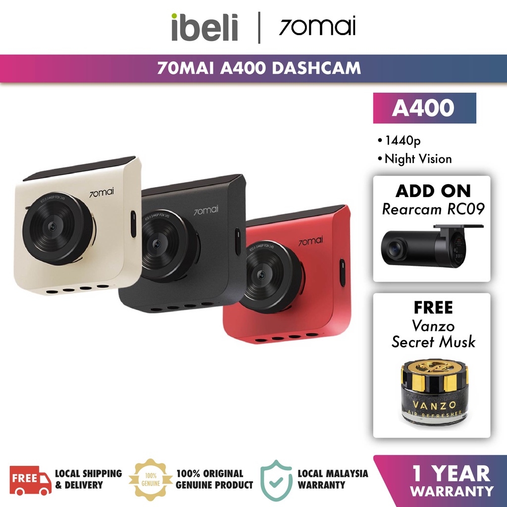 70mai A400 Car Recorder Dash Cam QHD 1440P Rear Cam Night Vision 145 FOV WDR App Control Smart ...