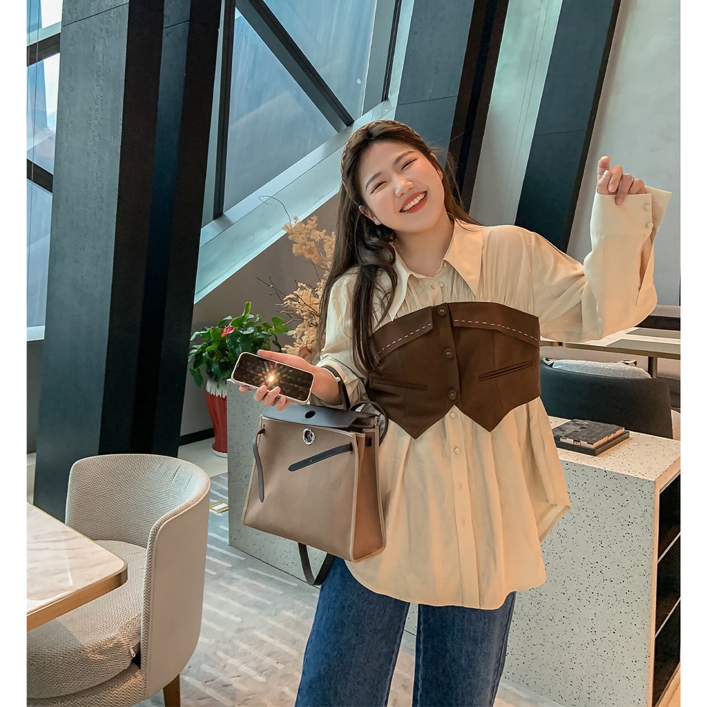 【S-5XL 50-150KG】晶咕家定制胖mm假两件拼接衬衫女2022新款春设计感宽松大码衬衣bigsize oversize | Shopee Malaysia