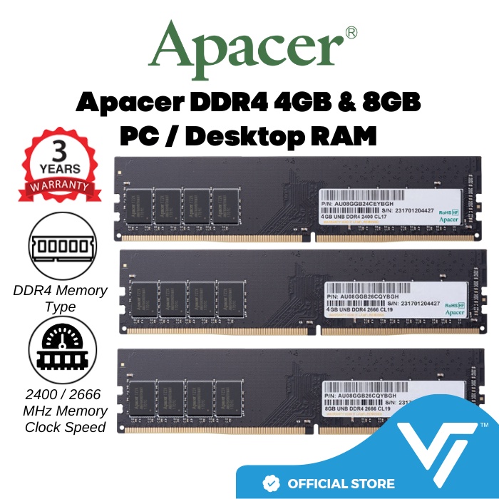Apacer (4GB / 8GB) DDR4 2400MHz / 2666Mhz DIMM Value PC RAM for PC ...