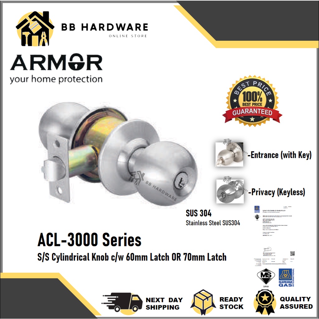 Armor Cylindrical Door Knob Lock Set ACL-3000 | SIRIM SUS304 | Backset ...