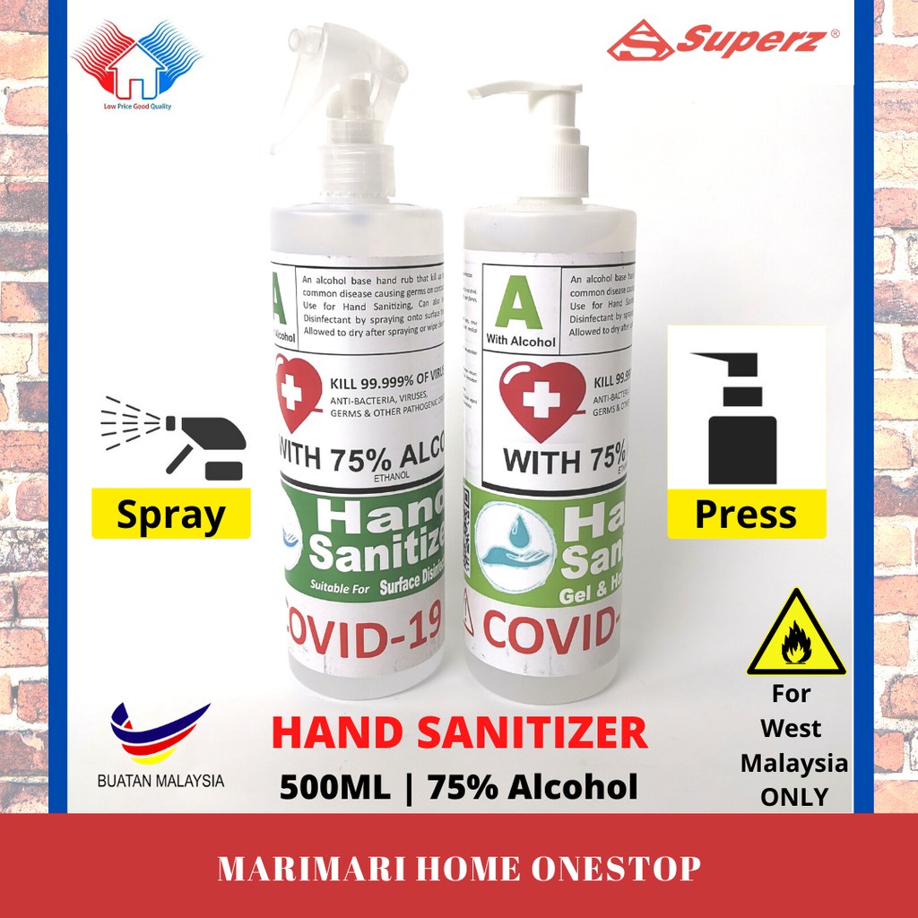 SUPERZ Hand Sanitizer with 75% Alcohol - 500ML (Spray / Press Type) - MADE IN MALAYSIA | Shopee ...