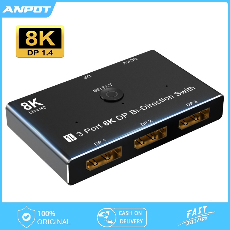 3 port 8K DisplayPort Switch Splitter 1x3 Bi-Direction DP 1.4 Switcher ...