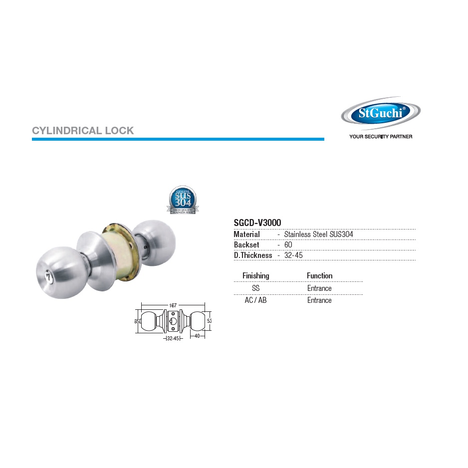 St.Guchi SGCD-V3000 Stainless Steel 304 Cylindrical Entrance Door Lock ...