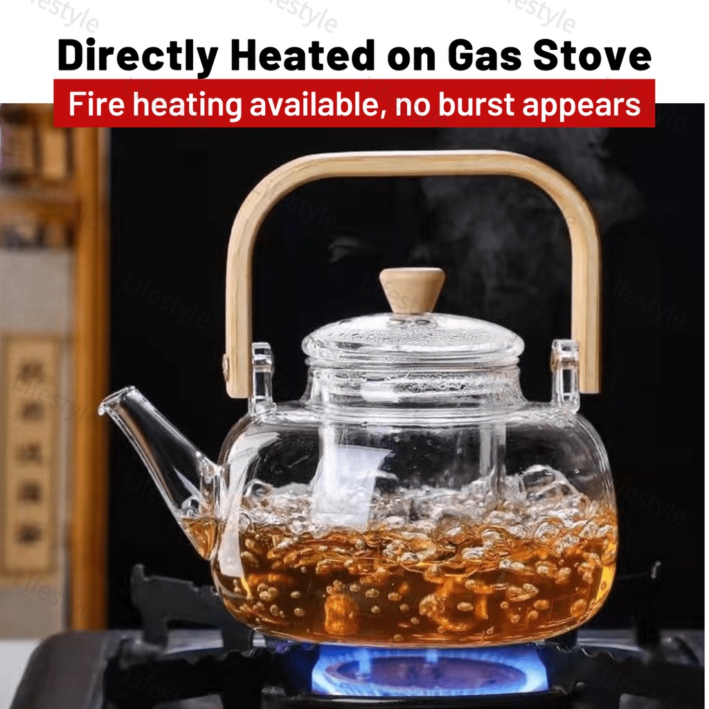LIFESTYLE 🔥Free Gift🔥 1000ml Glass Chinese Tea Pot with Wooden Handle ...