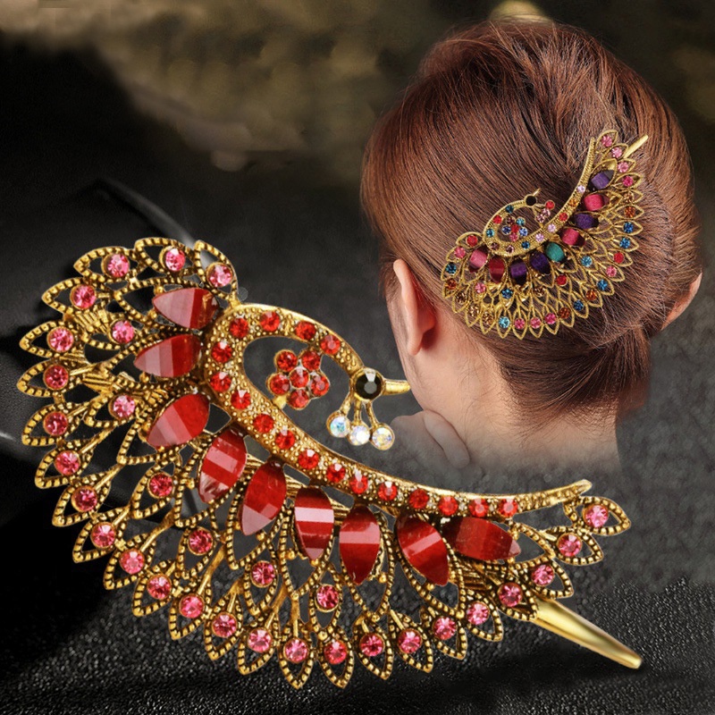 Vintage Peacock Large Rhinestone Hair Clip Ladies Style Updo Duck Bill ...