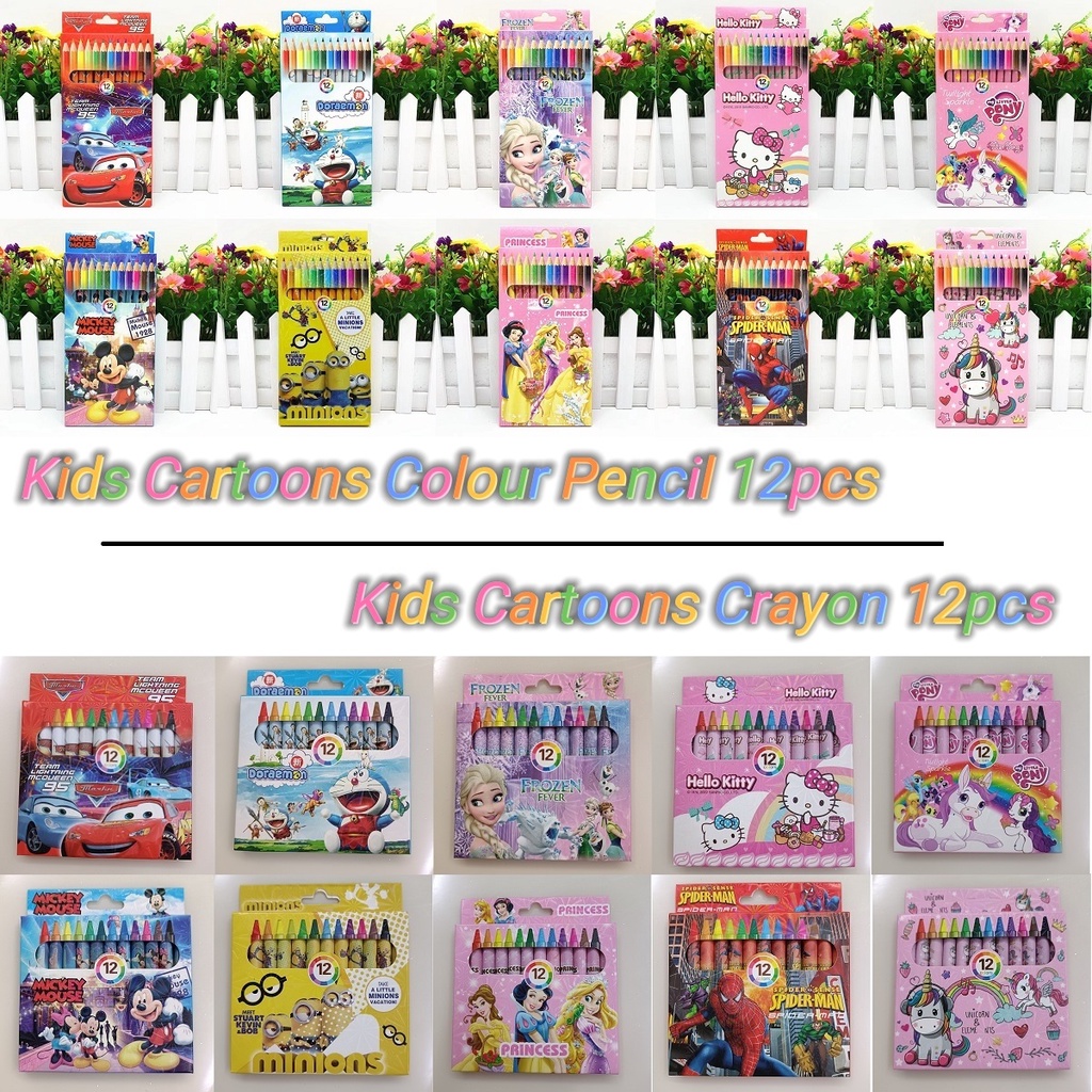 Kids Cartoon Colour Pencil Crayon 12pcs Pensil Warna Krayon Kartun ...