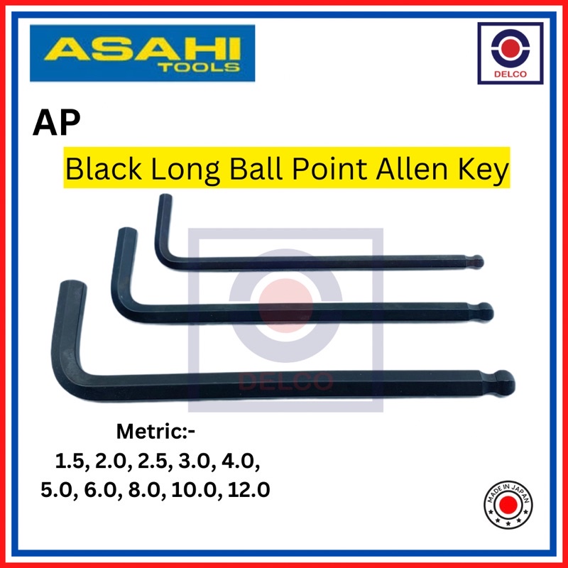 ASAHI JAPAN (1.5 - 12mm) AP Long Black Ball Point Allen Key 1.5mm 2mm 2 ...