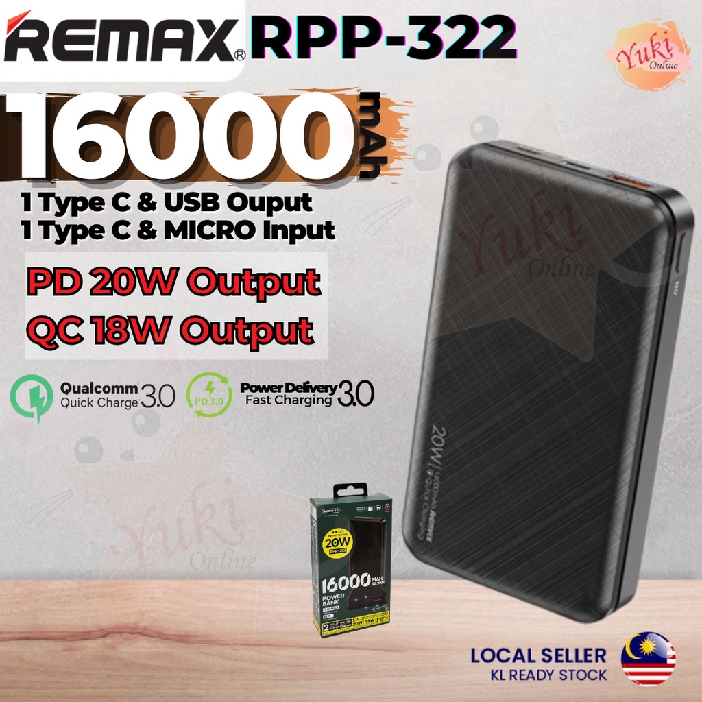 Remax Powerbank Original RPP-322 PD 20W QC 3.0 Fast Charging Powerbank 16000mAh 2 Input & Output ...