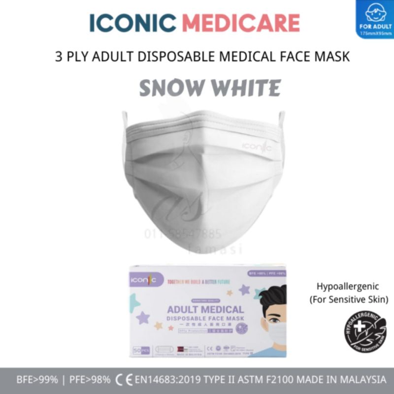 Iconic 3 Ply Medical Adult Face Mask - Signature Plain Color (50pcs ...