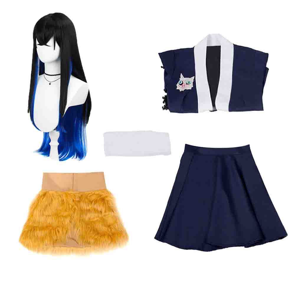 Adult Anime Demon Slayer Hashibira Inosuke Cosplay Costume Dress Long Wig Maid Outfit Kimetsu No