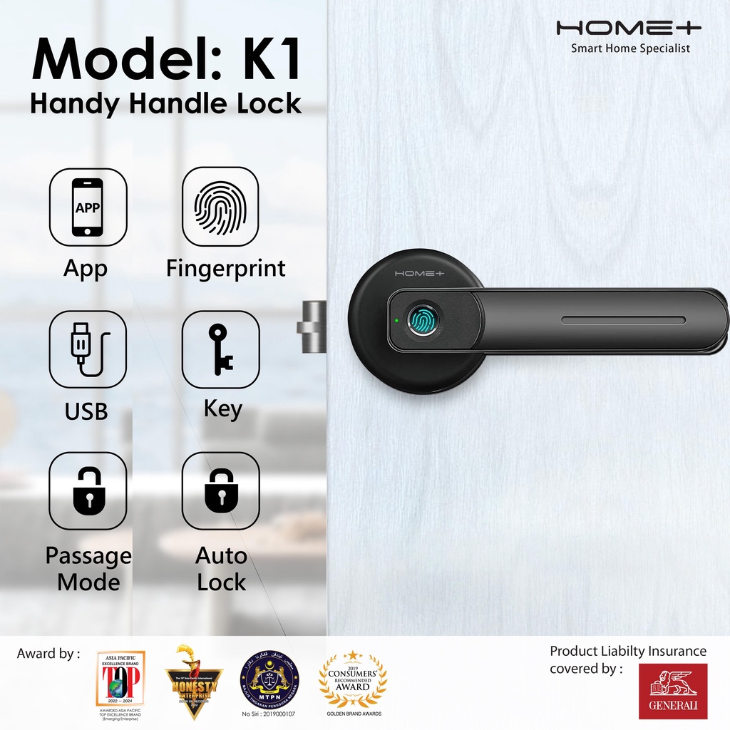 Home+ K1 HANDY HANDLE Smart Lock l 4 Methods to Unlock l Wooden Door ...