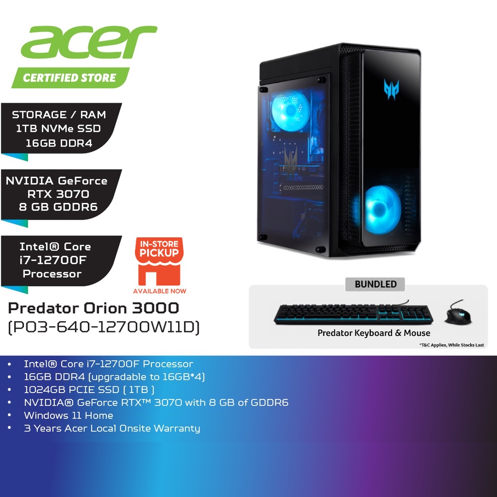 Acer Predator Orion 3000 PO3-640-12700W11D Gaming Desktop PC ( i7 ...