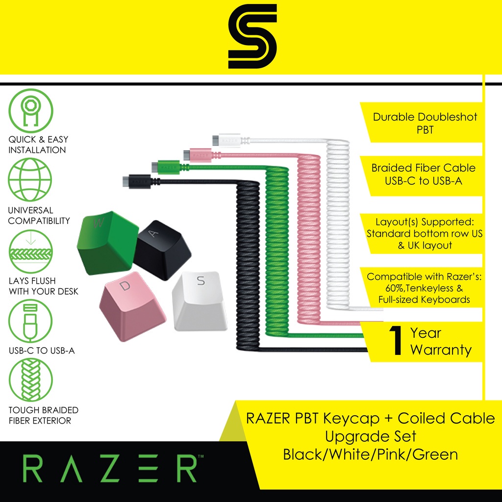 RAZER PBT Keycap + Coiled Cable Upgrade Set - Black/Mercury White ...