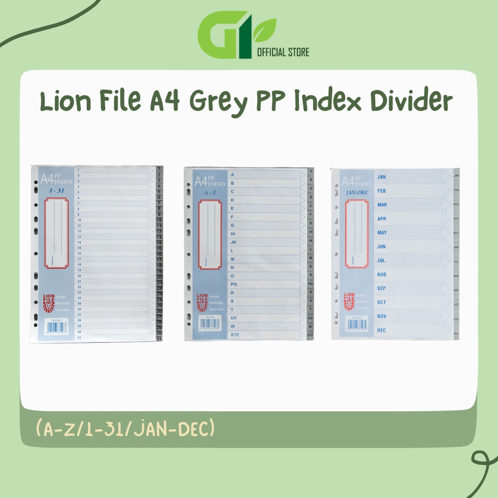 [GY Office] Lion File A4 Grey PP Index Divider (A-Z/1-31/JAN-DEC ...