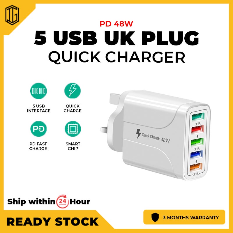 5 USB UK Plug Quick Charger PD48W Quick Charge PD Fast Charge 5 USB ...