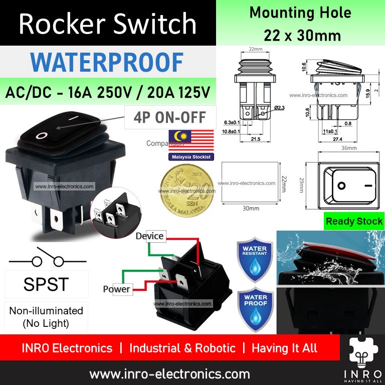 Waterproof [AC DC] 4 Pin / 6 Pin DPST DPDT KCD4 Rocker Switch, Suis ...