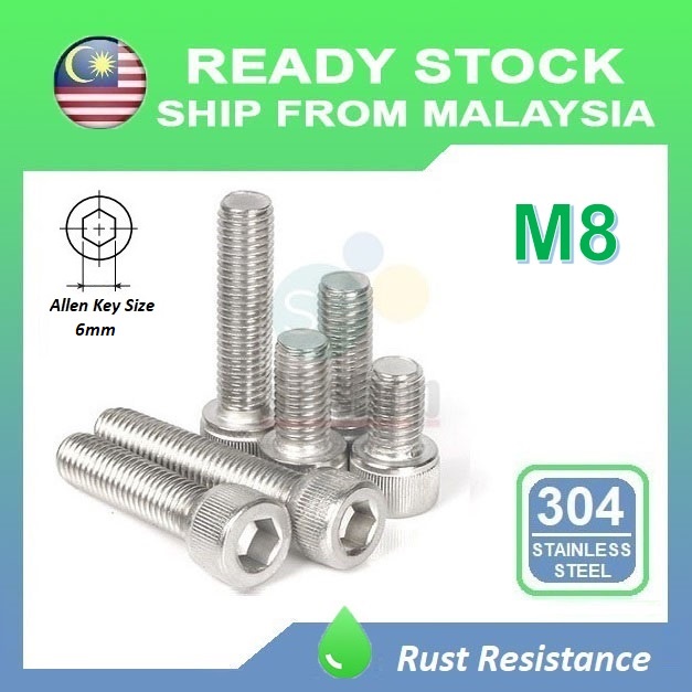 M8 Hex Socket Cap Head Screws 304 Stainless Steel SHINY SURFACE Allen ...