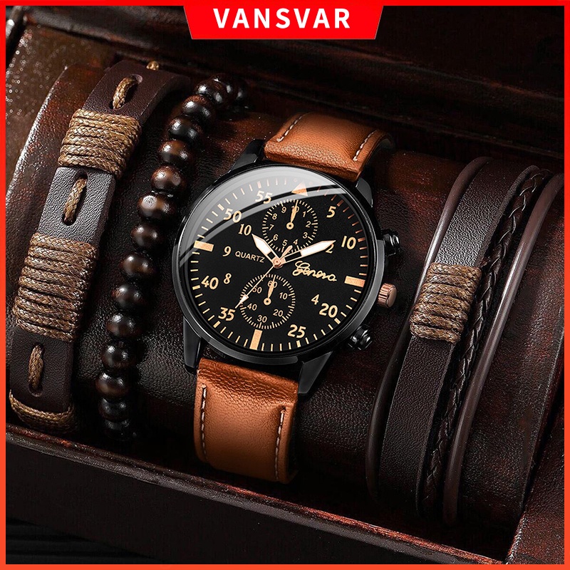 4PCS Geneva Men's Watches Set Casual Leather Band Quartz Watch with ...