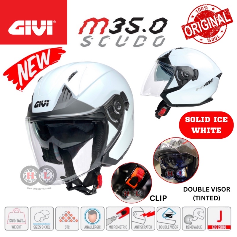 GIVI M35.0 DOUBLE VISOR OPEN FACE HELMET ORIGINAL (GIVI SCUDO SOLID WHITE DOUBLE VISOR HELMET ...