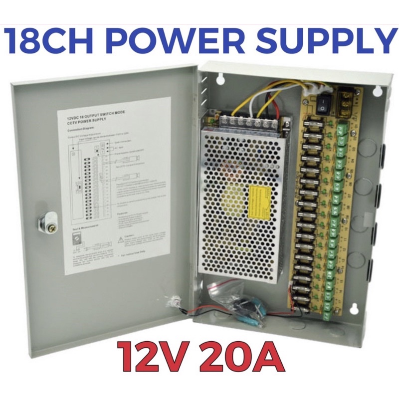 POWER SUPPLY DC12V 20A with security metal box key type 18 CH channel for CCTV Alarm LED stripe ...