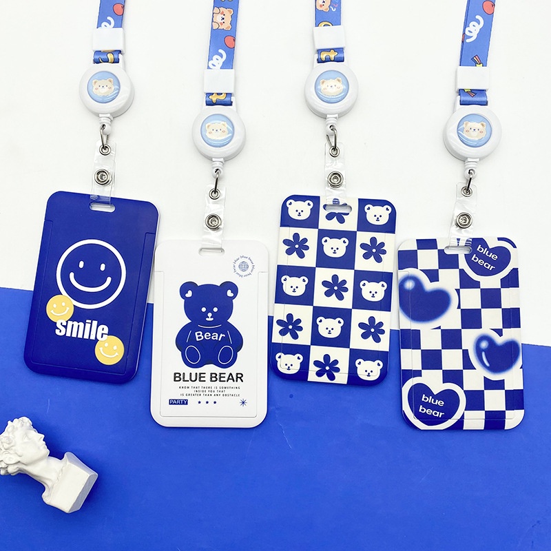 Blue Bear Card Holder Scalable Strap Cartoon Card Protection Case for ...