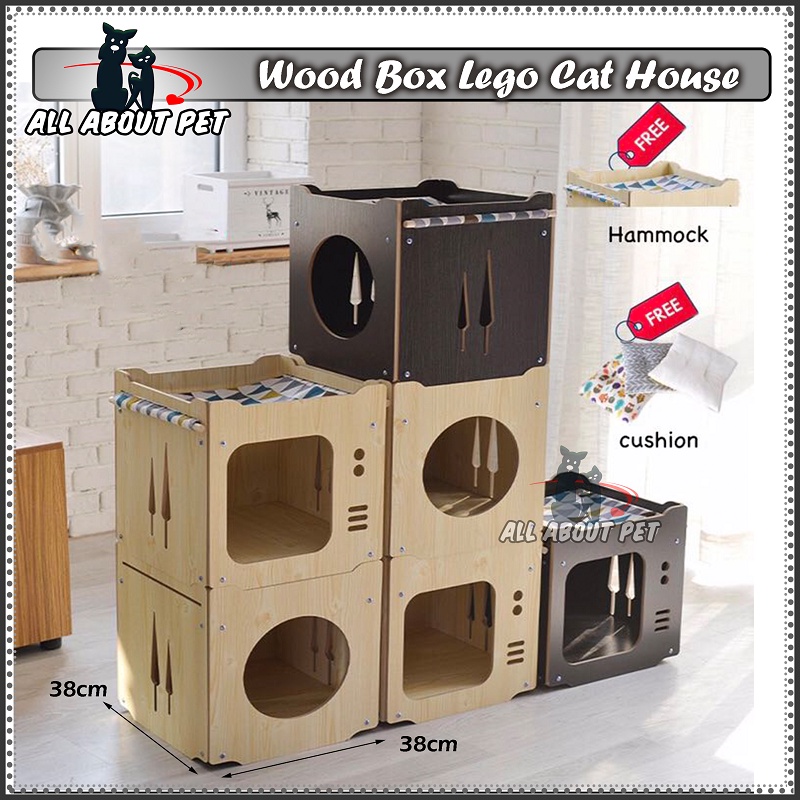 【FREE Hammock & Thick Cushion】Cat House Cat Square Box Cat Wood Box ...