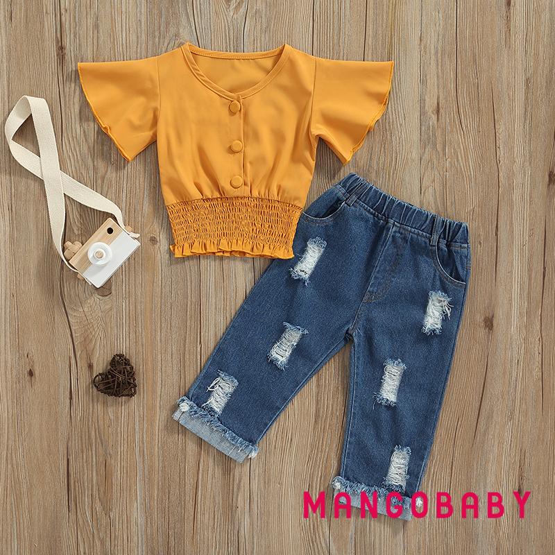 MGG-Girl Two Piece Set, V-neck Short Ruffle Sleeves Solid Color Elastic ...