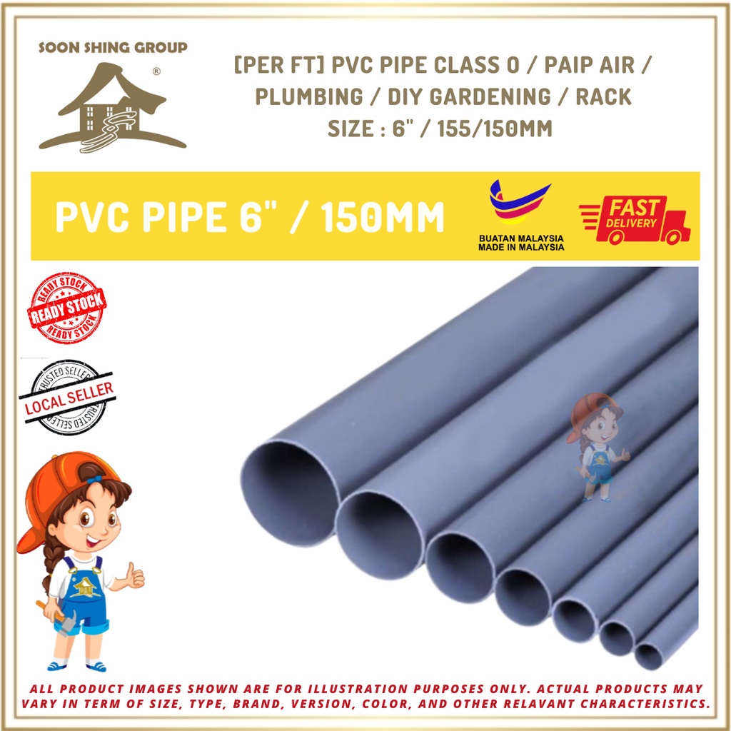 [PER FT] PVC PIPE CLASS O / PAIP AIR / PLUMBING / DIY GARDENING / RACK - SIZE : 6" / 155/150MM ...