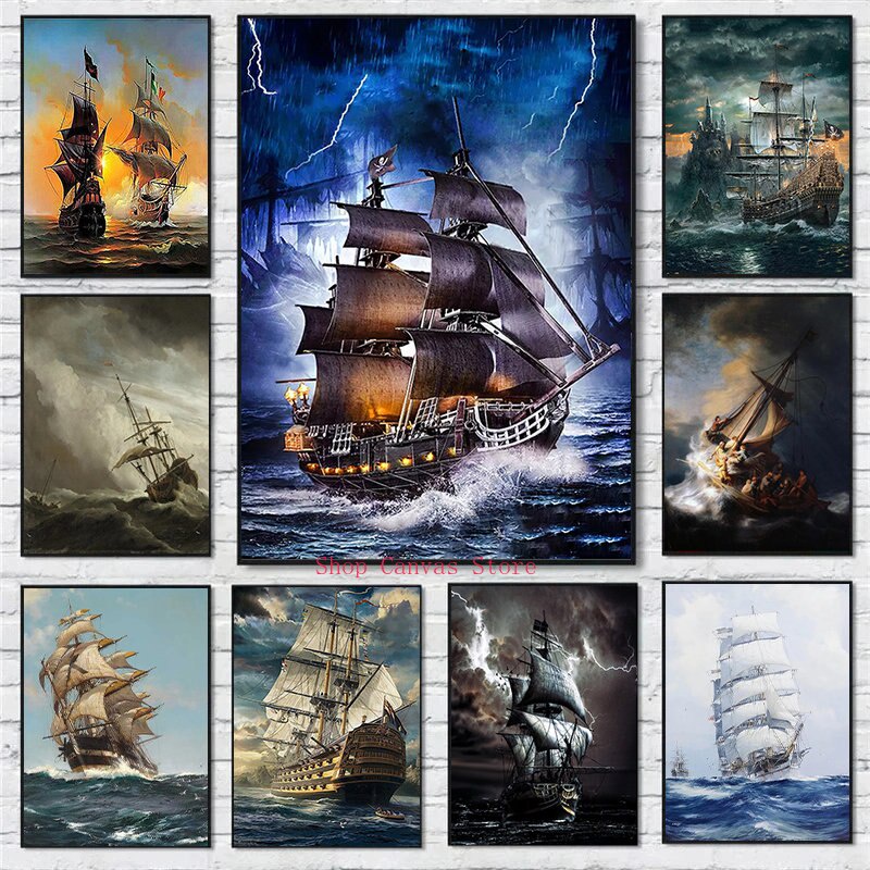 Sailing Ship Seascape Posters Sailboat Artwork Canvas Painting HD Print ...