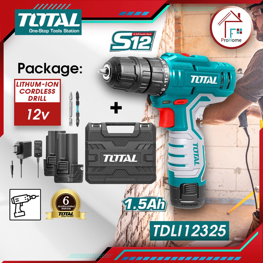 TOTAL TDLI12325 12V LITHIUM-ION CORDLESS DRILL + FREE TOTAL SCREW BIT ...