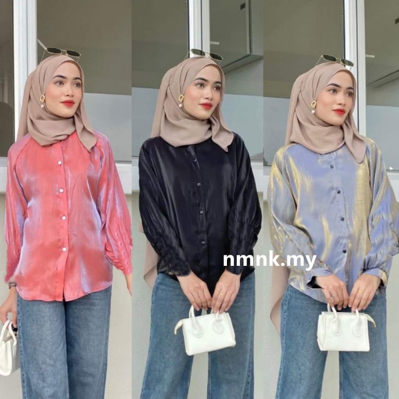 Plus Size Women Long Sleeve Satin Blouse Tangan Kemeja Viral Korean ...