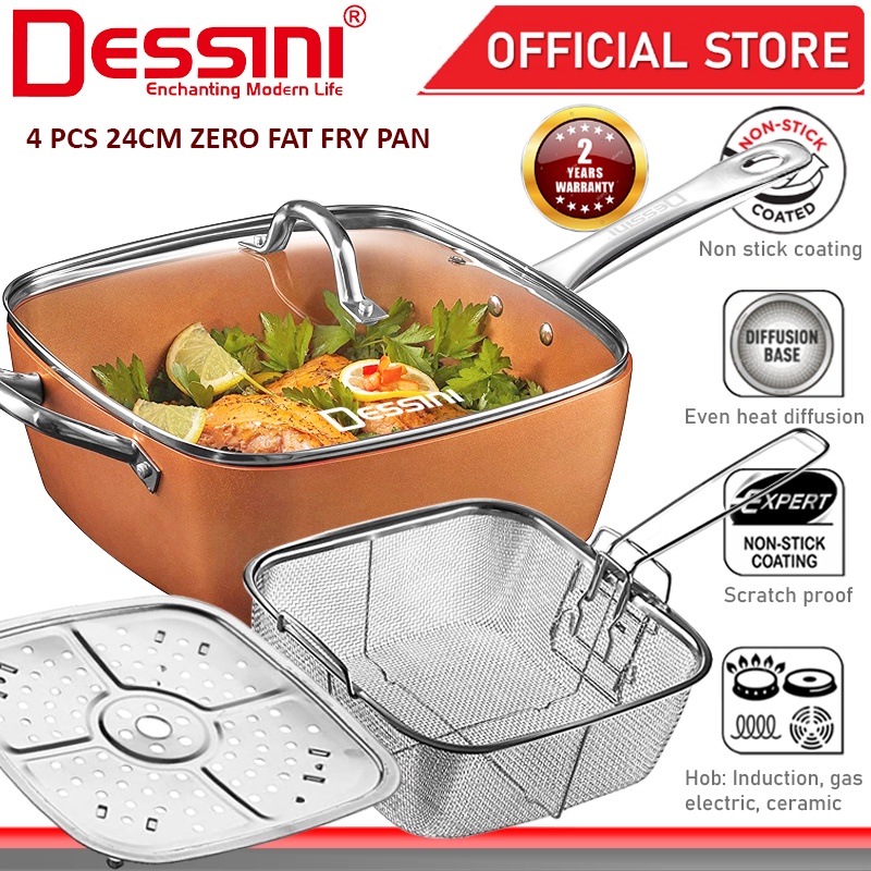 DESSINI ITALY Zero Fat 4 Pcs Aluminium Induction Non Stick Copper Casserole Pot Bowl Deep Frying ...